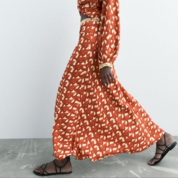 Zara | Skirts | Nwt Zara Rustorange Printed Beaded Bias Cut Linen Blend ...